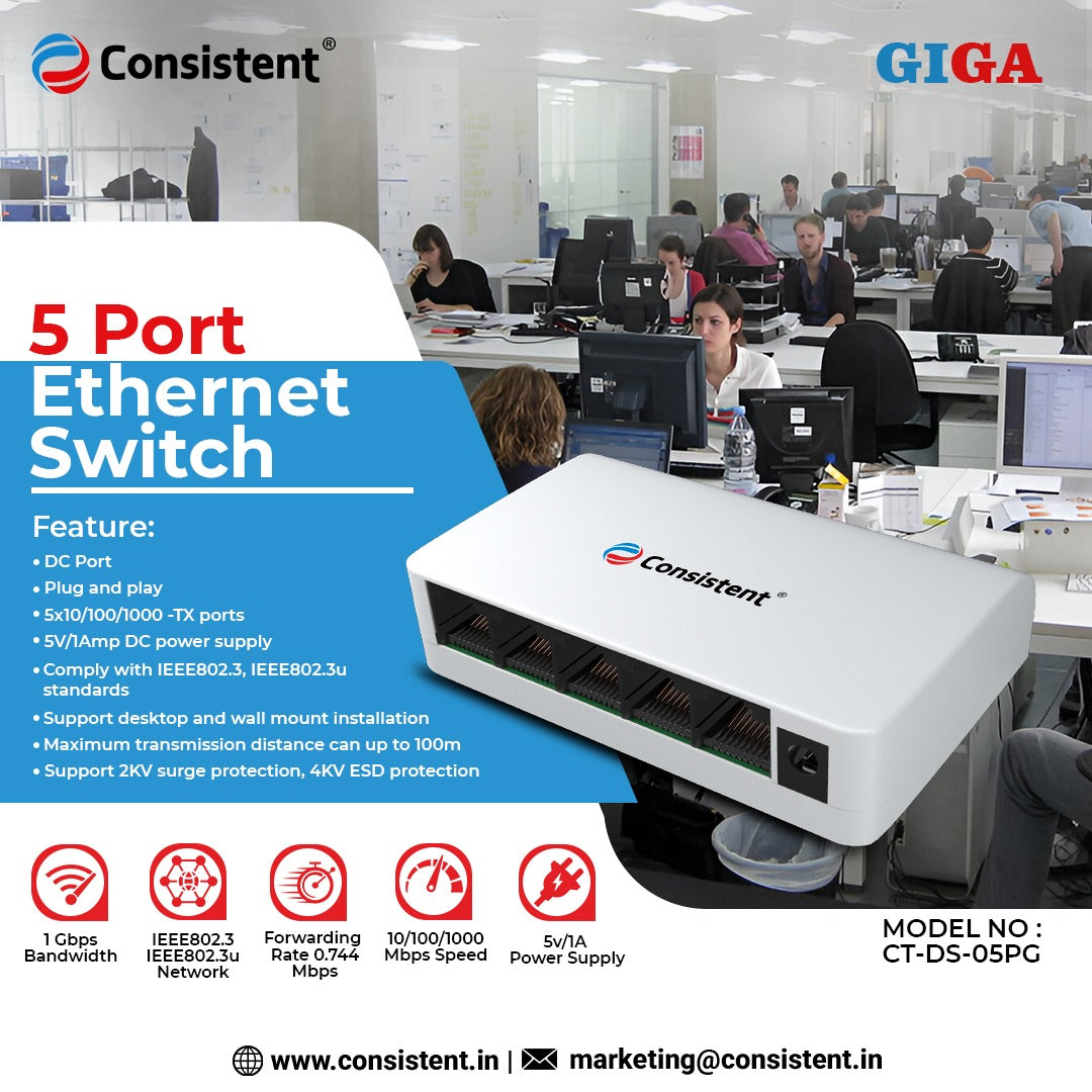 Consistent Desktop 5 Port Ethernet GIGASwitch (CT-DS-05PG) 5V/1A Power – Consistent Store