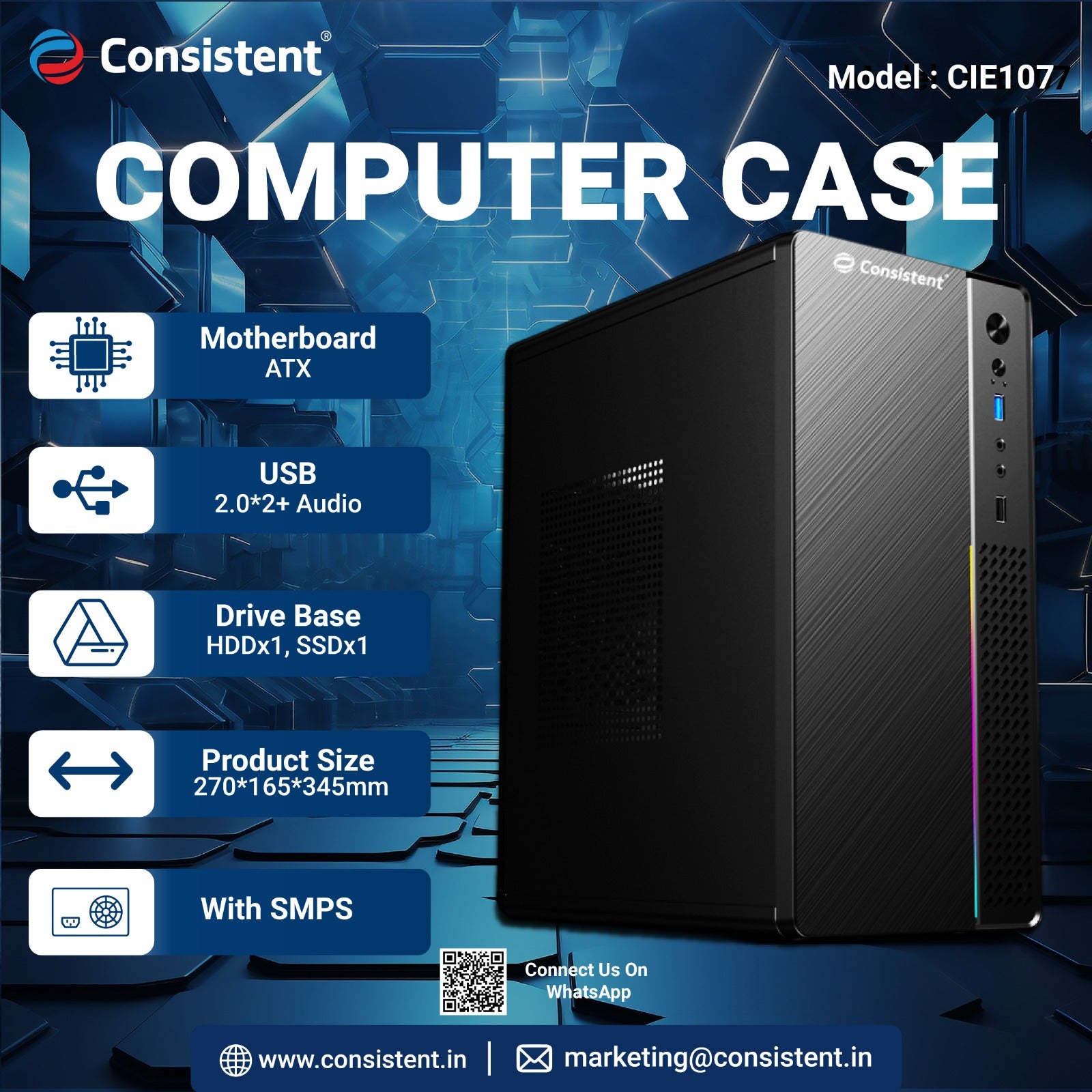 Consistent PC Case/SMPS (CIE107) Computer Case 4 Full Slots VGA Max 25 ...