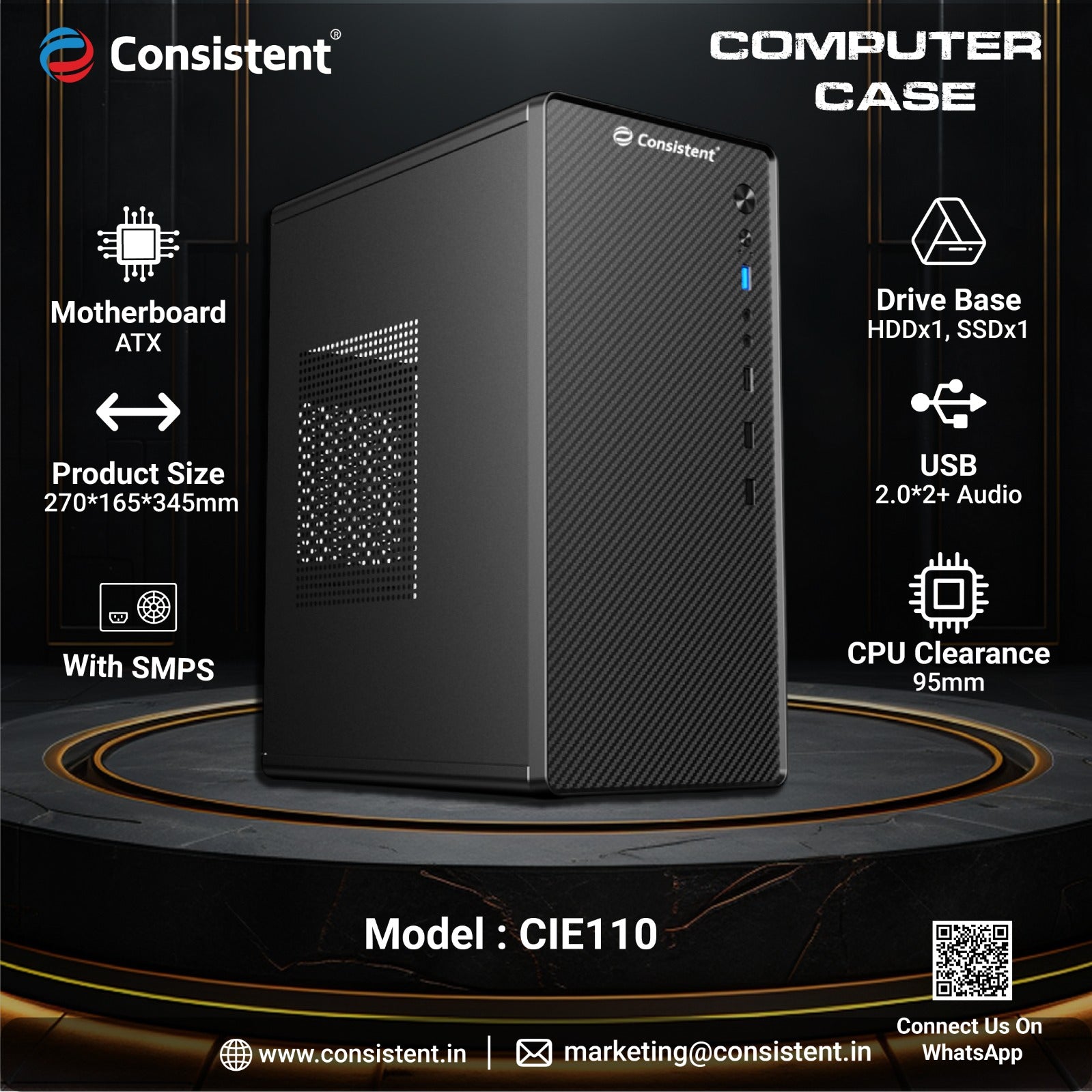 Consistent PC Case/SMPS (CIE110) Computer Case 4 Full Slots VGA Max 25 ...