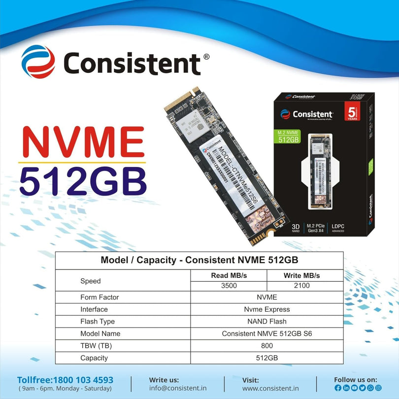 Consistent 512 GB NVMe PCIe M.2 SSD 2280, 3D NAND with SLC Cache, Up t ...