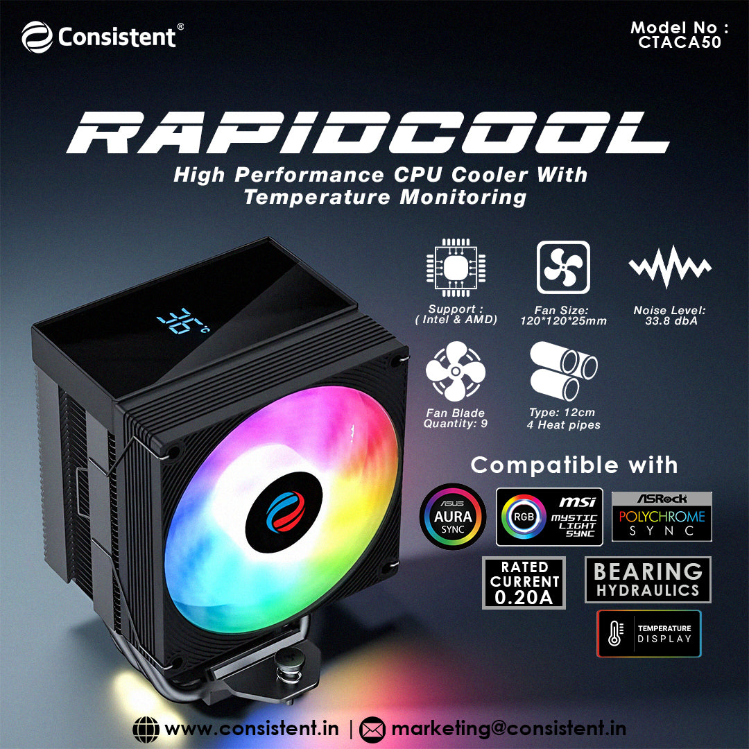 Consistent RapidCool ARGB CPU Fan 120mm with Temperature Display (CTAC ...