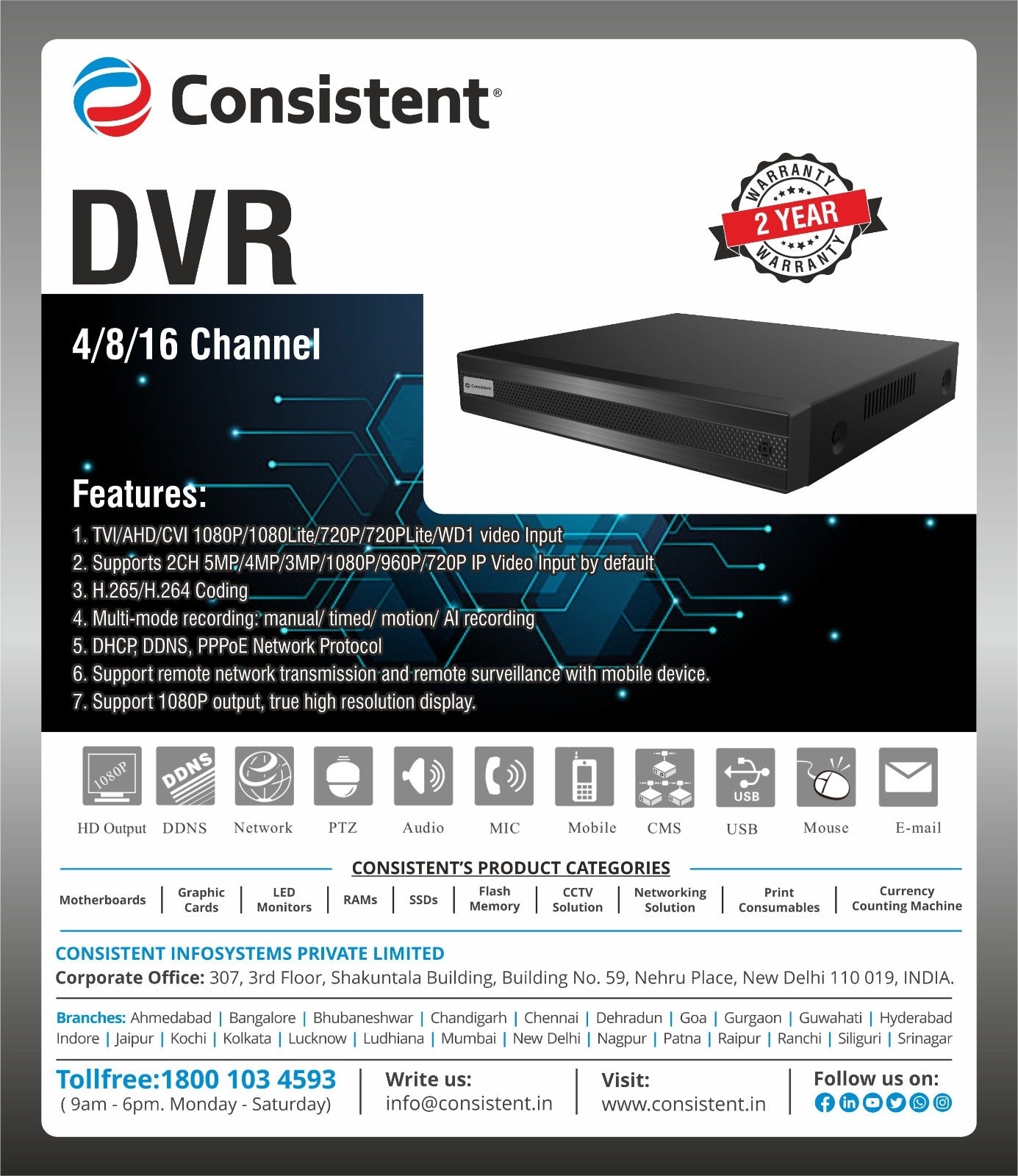 Consistent 16 Channel DVR 1080P High Resolution Output for CCTV Camera ...