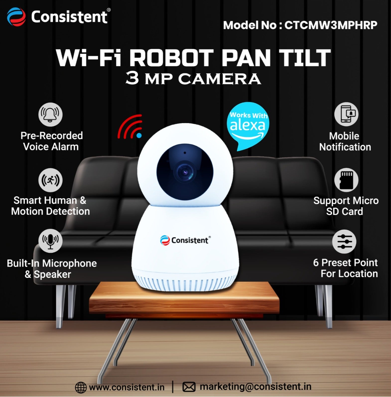 Consistent Mini WiFi 3MP' PAN-TILT Robotic Camera, Wi-fi Home Security ...